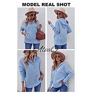 AlvaQ Women Casual Sweatshirt V Neck Long Sleeve Button Up Pullover Hoodie Sweat Shirt with Pocket Fashion 2024 Light Sky Blue Medium