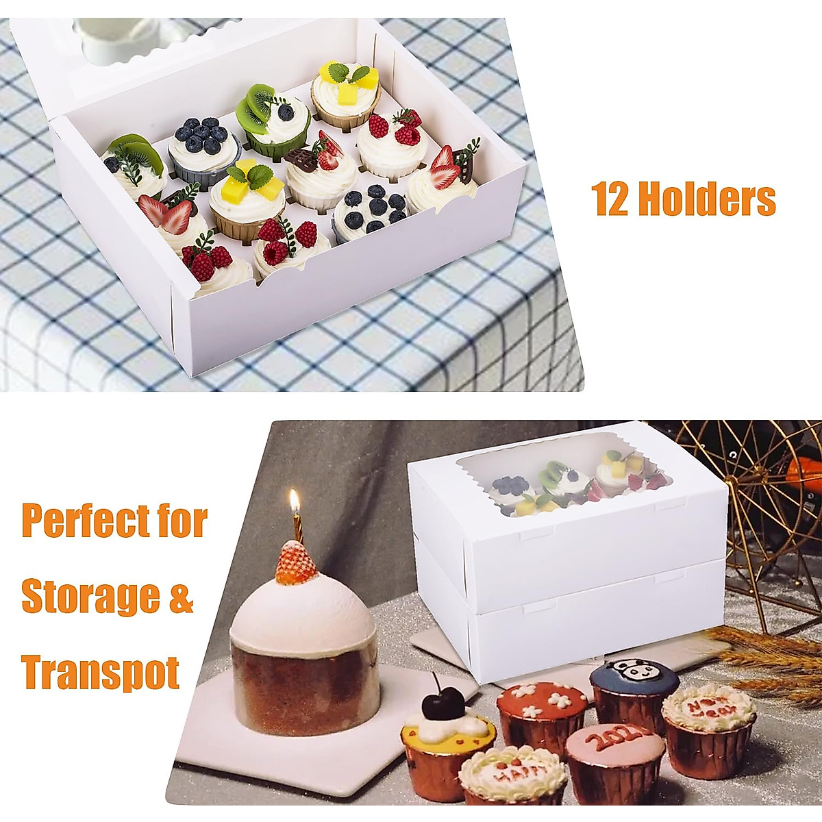 LONGTEAM 6-Set Cupcake Boxes Hold 12 Standard Cupcakes, Food Grade Cupcake Holders Bakery Carrier Boxes with Windows and Inserts for Cupcakes, Muffins and Pastries (White-6 Pack)