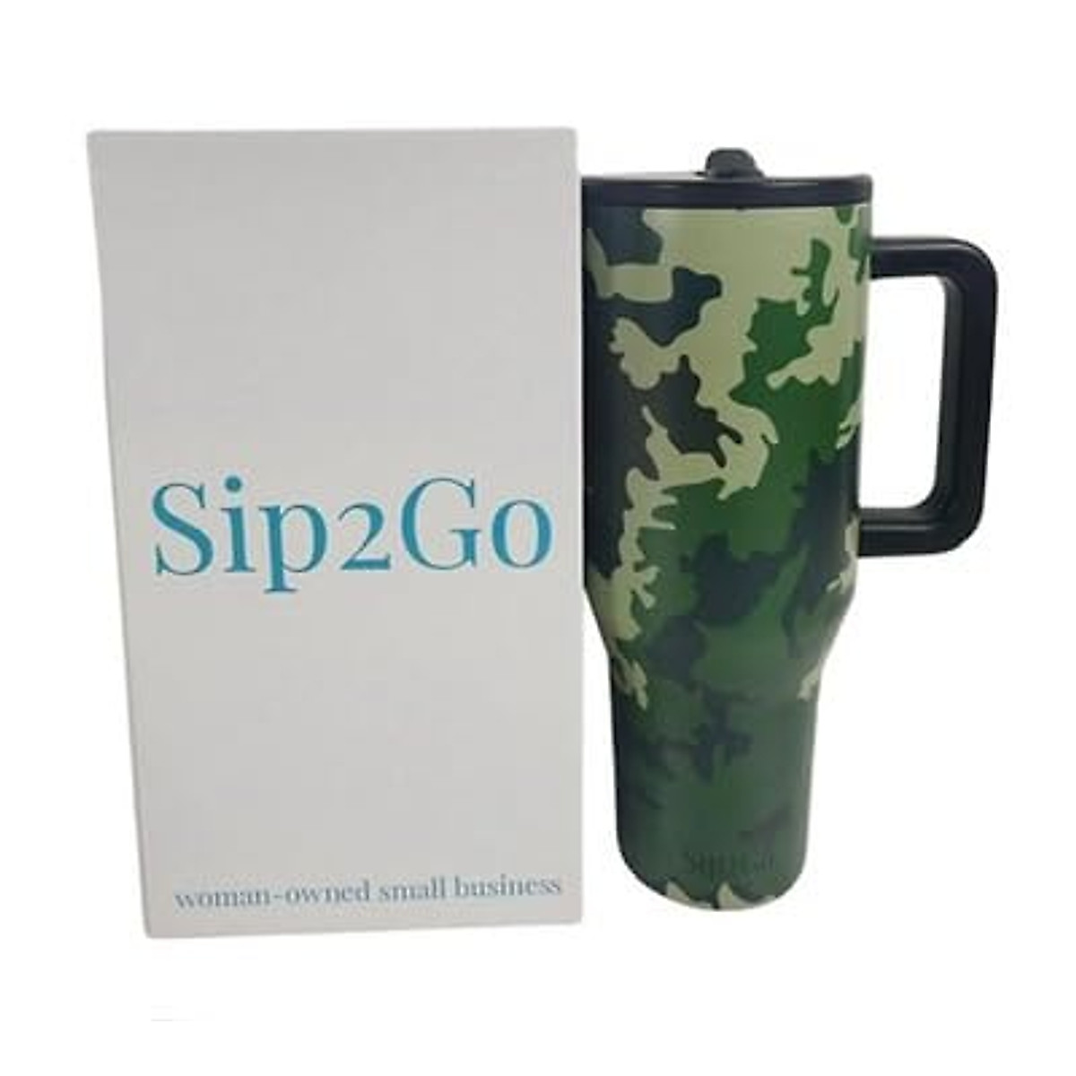 Sip2Go Tumbler - 40 oz Water Bottle with Handle & Flip Straw - Fits in Cup Holder, Leak Resistant Tumbler-Reusable Insulated Stainless Steel & Rubber Base - Women, Men, Kids (Camouflage, 40oz)