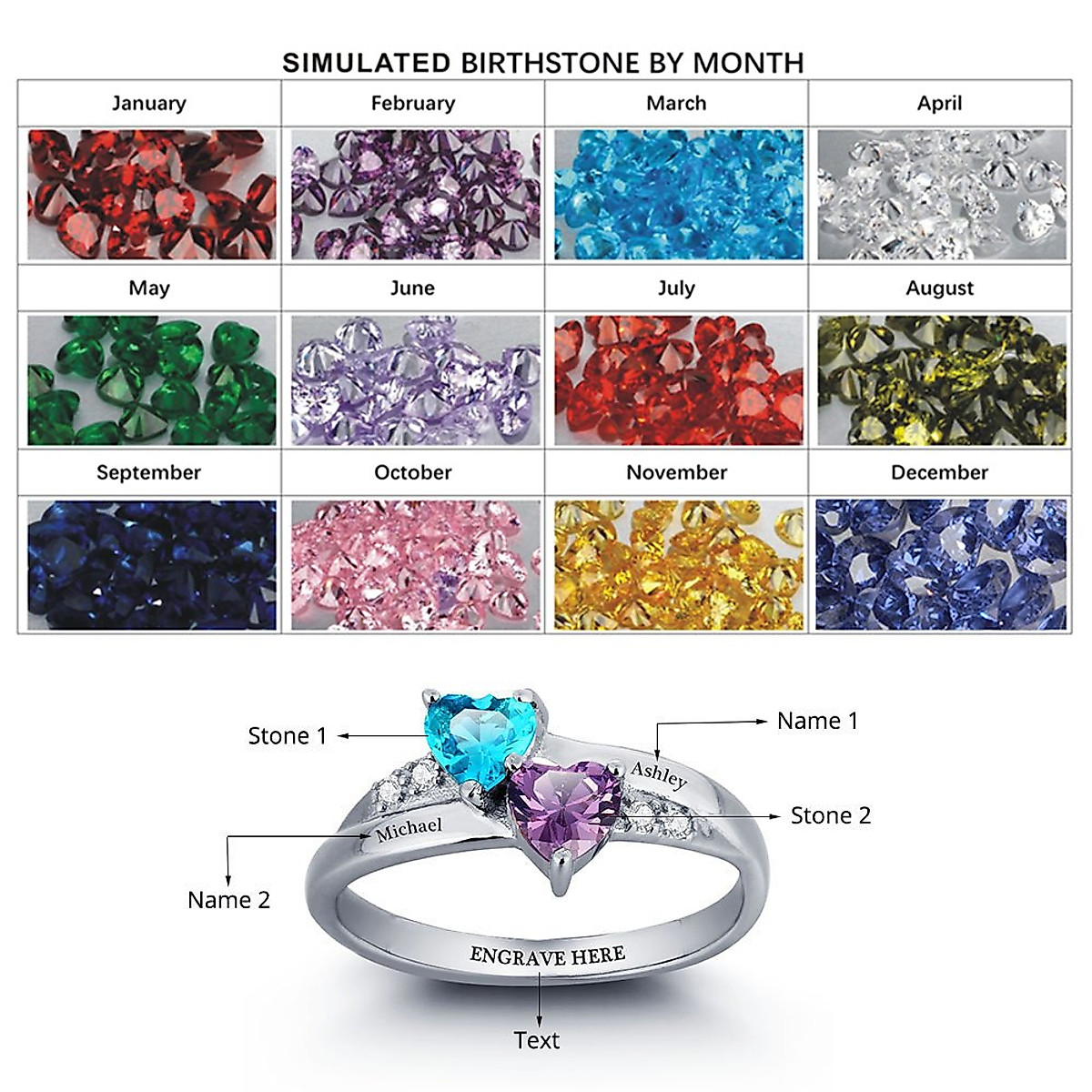 Personalized Mother Daughter Rings with 2 Heart Simulated Birthstones Custom Women Promise Rings for Her (8)