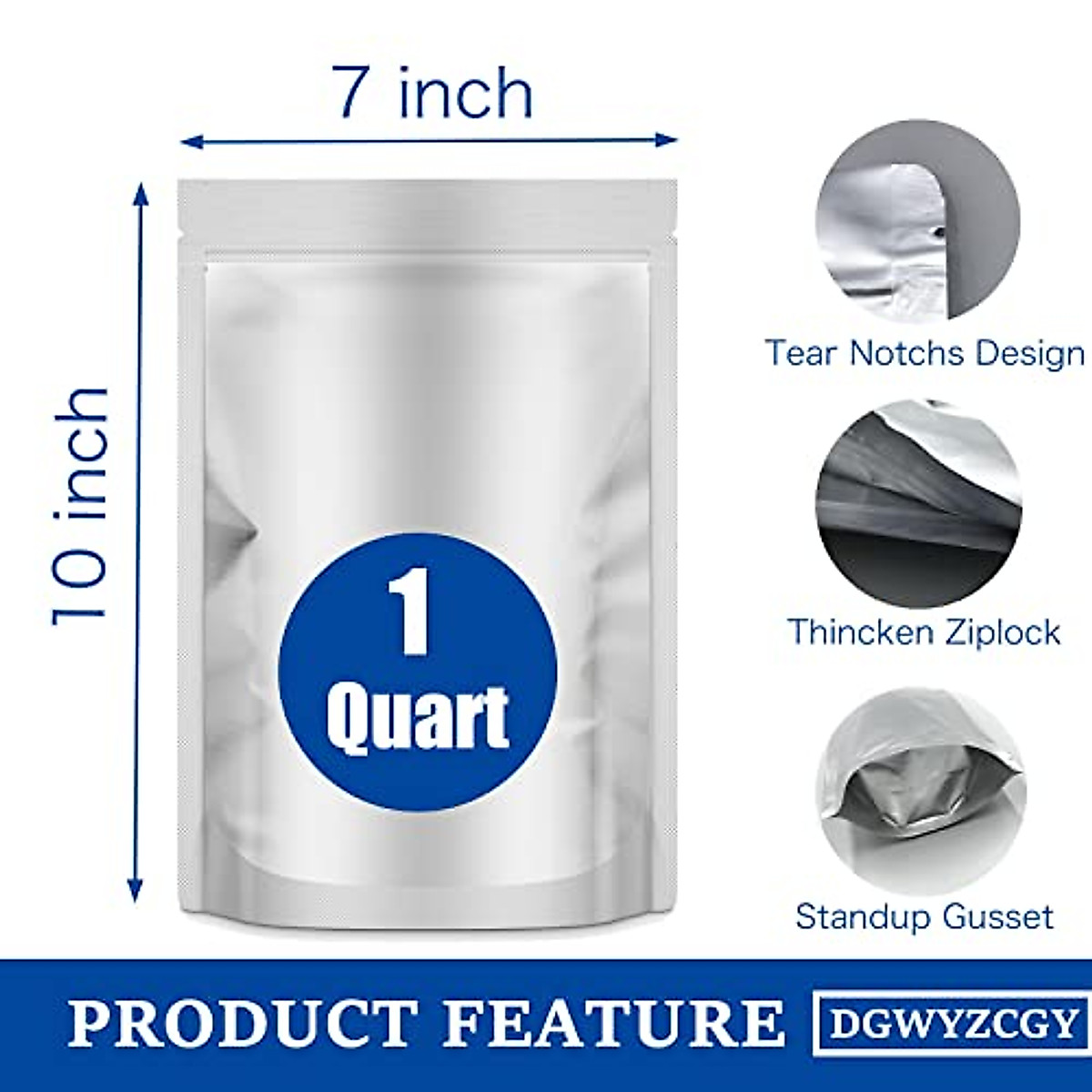 50 Mylar Bags for Food Storage, Mylar Bags 1 Quart 7"x10"- Thick 10 Mil, Stand-Up Vacuum Sealing Sealable and Ziplock Resealable Bags - Odor Free Heat Resistant, Airtight Food Storage Foil Bags