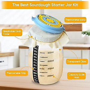 Sourdough Starter Kit, JAOBHAHY 35 OZ Sourdough Starter Jar with Lids, Reusable Sourdough Jar with Thermometer, Silicone Scraper, Cloth Cover and Bread Lame(1-Pack)