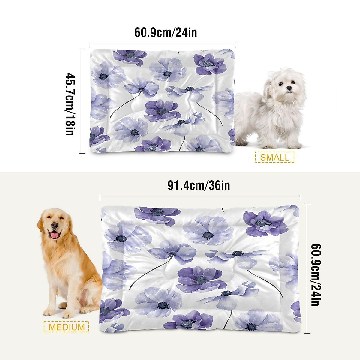 Kigai Watercolor Purple Flowers Pet Bed Mat, Soft Cozy Crate Pet Mattress, Anti-Slip Bottom Machine Washable Pet Mat for Dog Sleeping