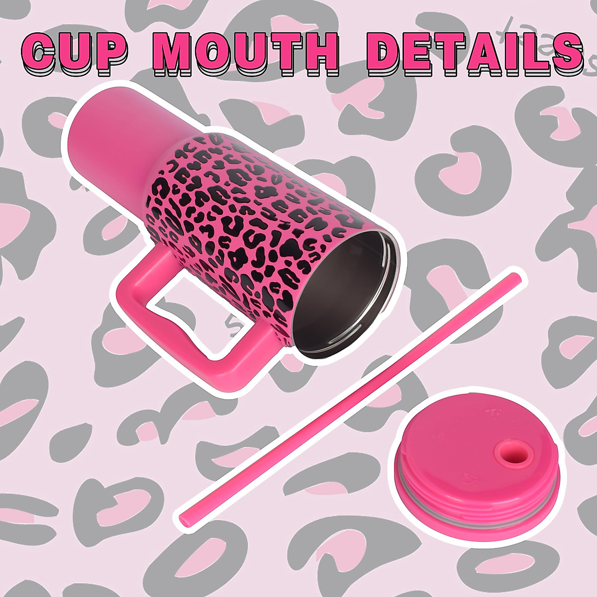 ZHIDENGWJ Stainless Steel Vacuum Insulated Tumbler with Lid and Straw for Water, Iced Tea or Coffee(Rose Red Leopard Print)