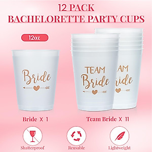 RONRONS 12 Pieces Bachelorette Cups, Plastic White Bride Tribe Cups, Team Bride Bachelorette Party Decorations, Reusable Bachelorette Supplies for Bridal Shower, Bridesmaid Wedding Gift