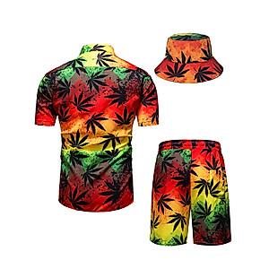 TUNEVUSE Mens Hawaiian Shirts and Shorts Set 2 Pieces Beach Outfits Print Summer Tropical Suit with Bucket Hats Orange Large