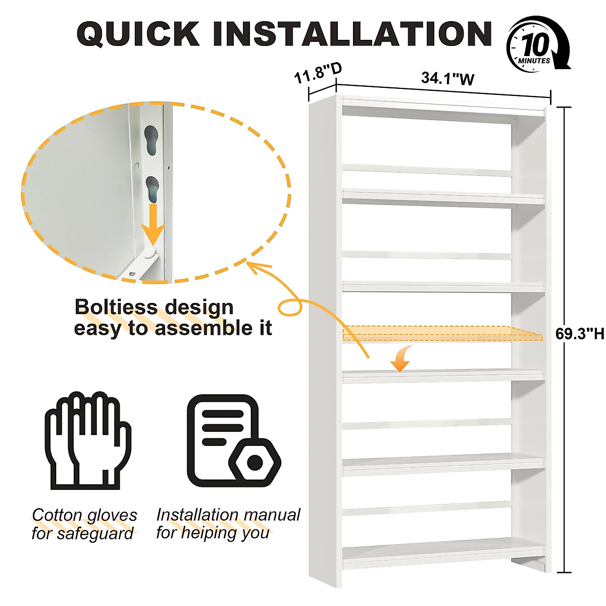 YILFANA 69'' Tall White Bookshelf, Metal Bookshelves and Bookcases, Display Bookshelf with 5 Tier Display Shelves, Large Bookshelf for Study, Library, Office, Corner