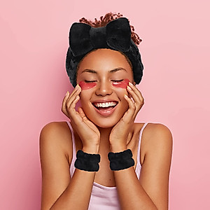 Hanaive 3 Pcs Face Wash Headband Wristband Set for Women Spa Bow Skincare Headband Soft Makeup Wrist Towel for Washing Face Hair Supplies(Black)