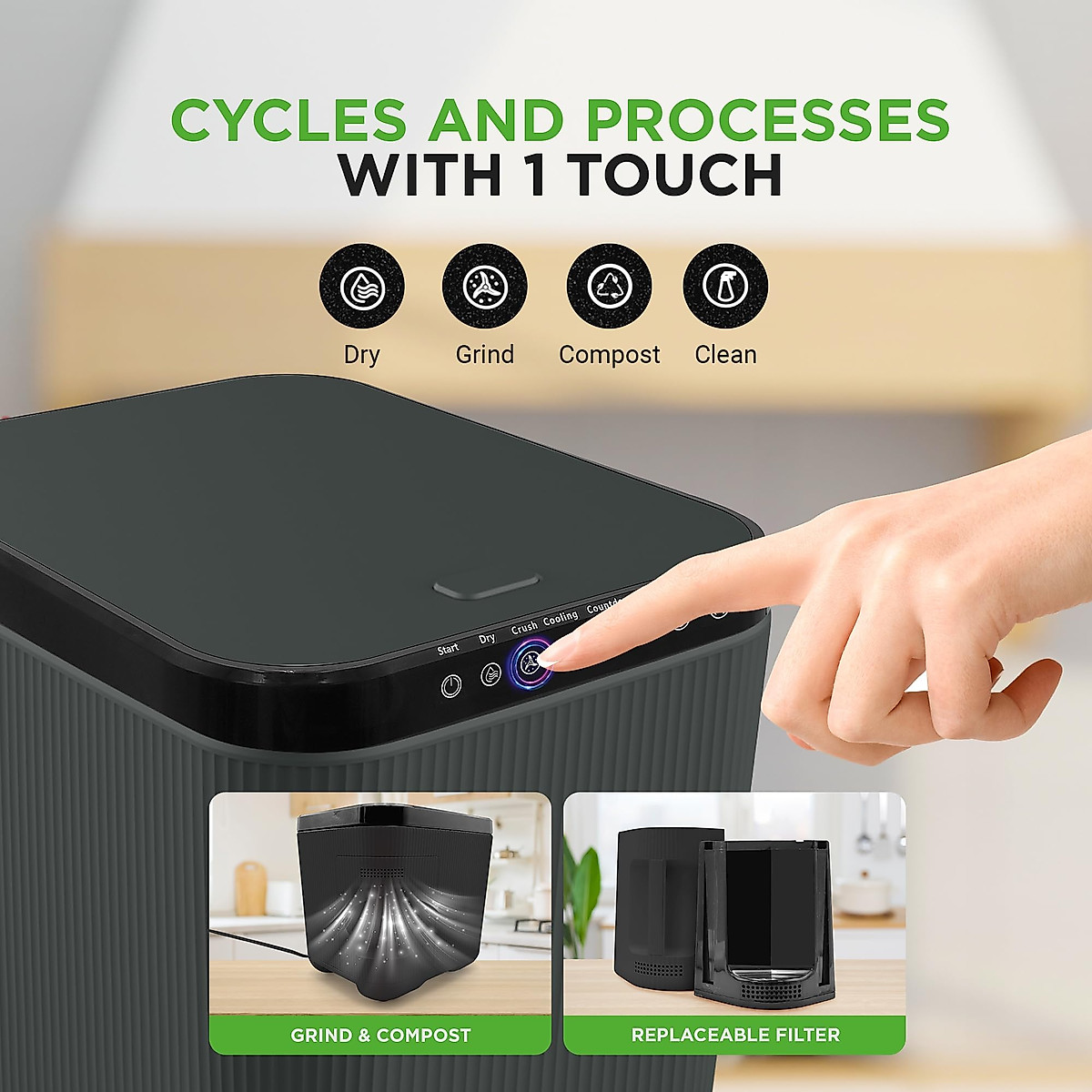 Nutrichef 3L Electric Kitchen Composter - Compost’s Organic Material & Food Scraps | Countertop Automatic Compost Bin | Dry, Crush, & Cooling Functions | Perfect for Kitchens & Apartments | Grey