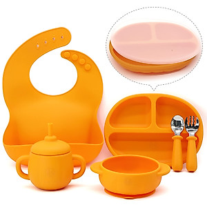 KCMI Silicone Baby Led Weaning 9 Piece Set in Pumpkin Style - Includes Non-BPA Suction Plate with Divider, Suction Bowl, Pocket Bib, Cup Lid, Straw, Spoon, Fork, Plate Lid & Sippy Cup - Orange