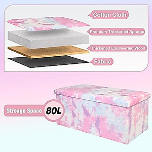 STORAGEPLUS 30 Inches Large Storage Ottoman Bench for Bedroom, Soft Cotton Fabric Tie Dye Foot Rest Stool with Premium Sponge Padded, Folding Ottoman Coffee Table with Storage for Living Room