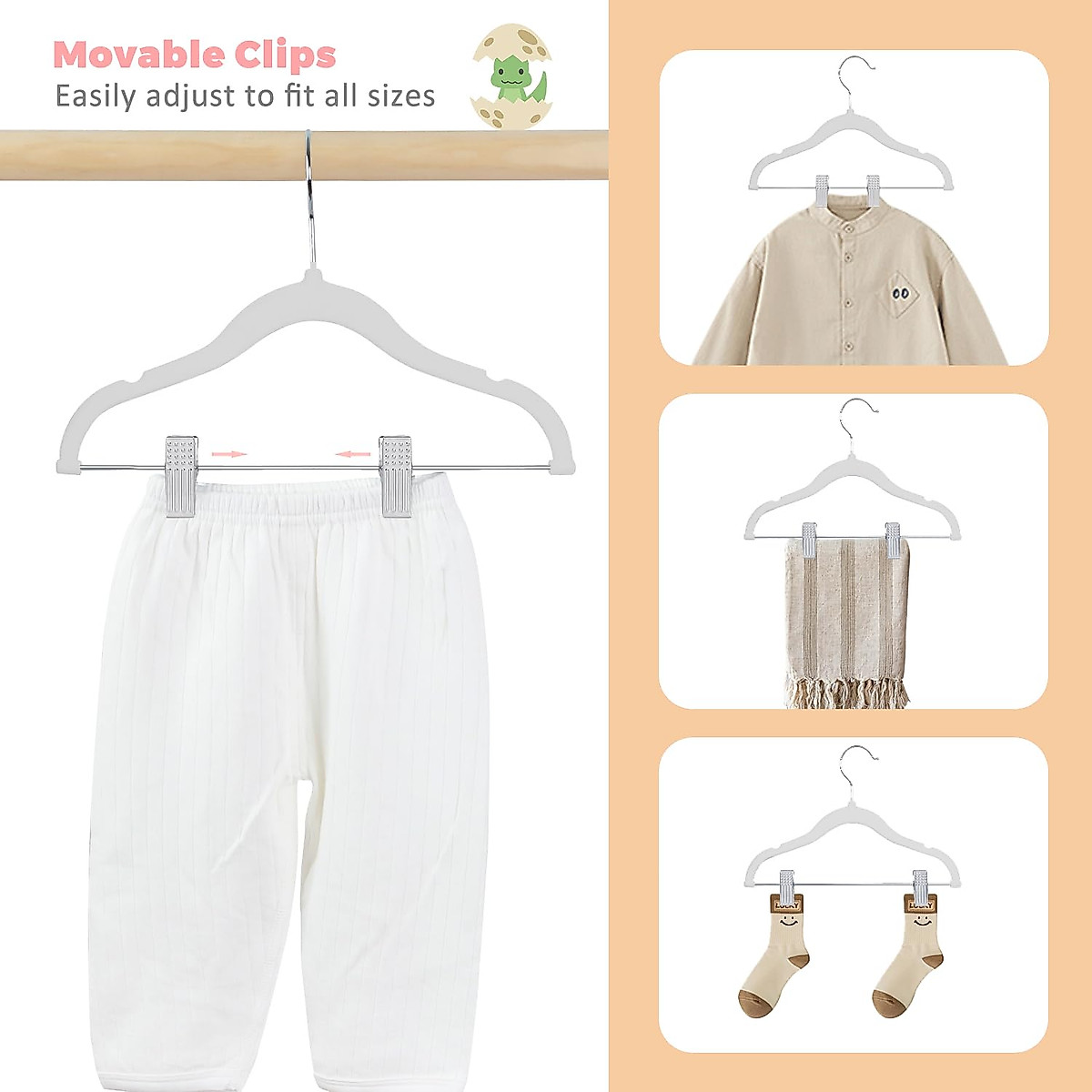 MangoKit Baby Clothes Hangers with Movable Clips 10 Pack,11.8 Inch Kids Velvet Hangers Non-Slip, Swivel Hook,Space-Saving Children's Coat Hangers for Skirts,Pants,Dresses,Jackets(Grey)