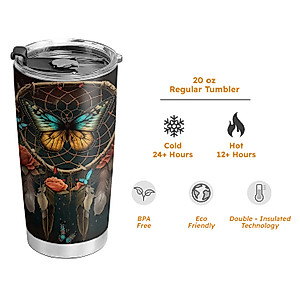 20oz Dream Catcher Butterfly Tumbler Cup, Insulated Travel Cup with Lid, Coffee Thermos for Women, Gifts for Women, Birthday Gifts for Mom, Daughter, Sister, Friends, Girlfriends, Coworker