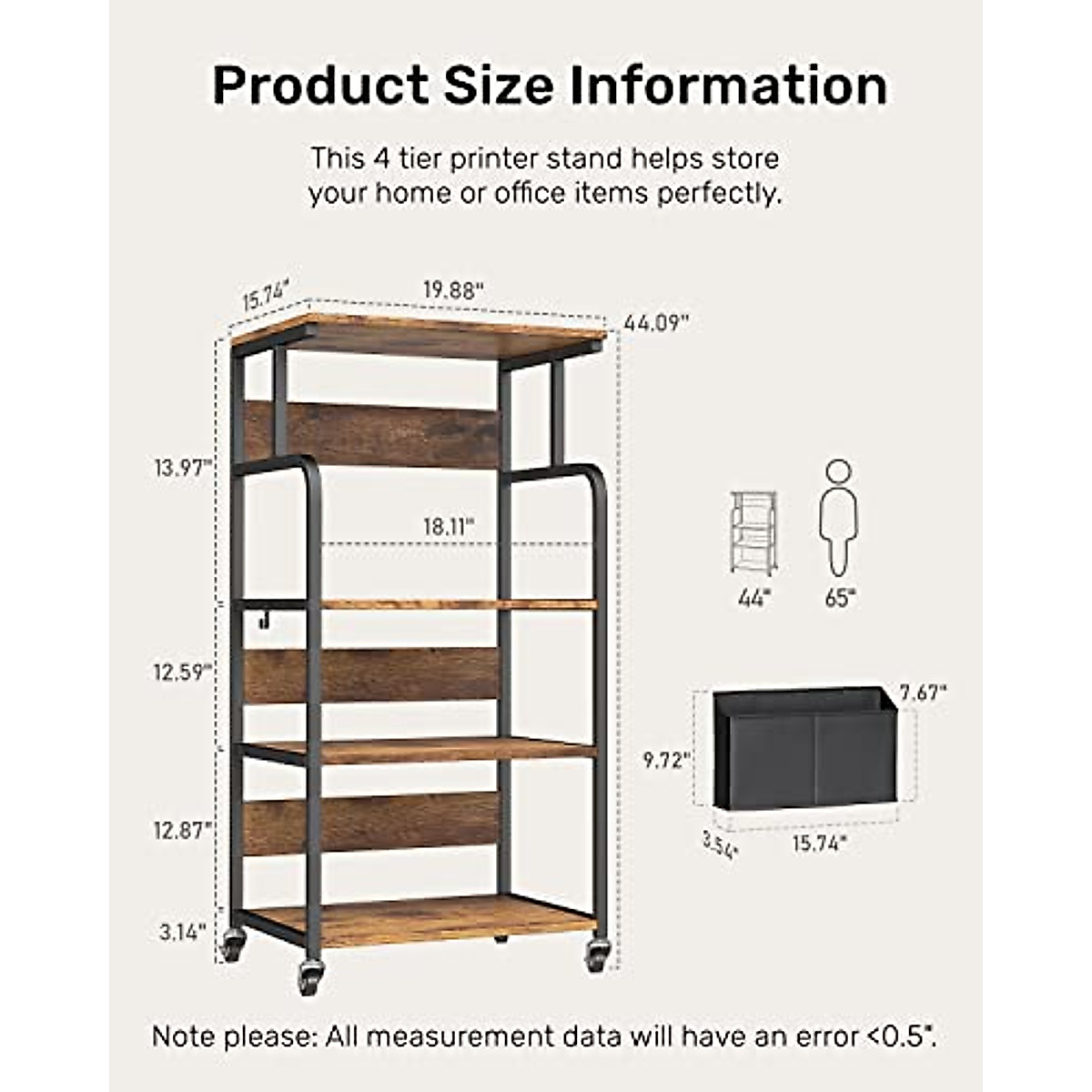Gizoon Home Office Printer Stand with Storage, 4 Tier Large Tall Printer Shelf Cart W/ Lockabel Rolling Wheels, Versatile - Retro