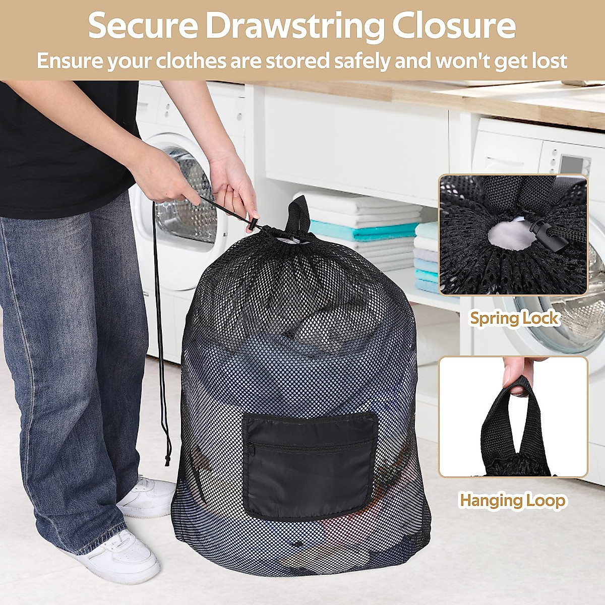 OTraki Mesh Laundry Bag Backpack 36 x 28 Inch Extra Large Drawstring Mesh Wash Bag with Shoulder Straps Zipper Pocket Heavy Duty Dirty Clothes Travel Laundry Bag for Home College Dorm Apartment Black