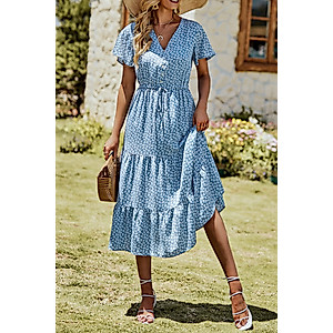 PRETTYGARDEN Women's Floral Boho Dress Casual Short Sleeve V Neck Ruffle Tiered Summer Swing Maxi Dresses(Blue,Medium)