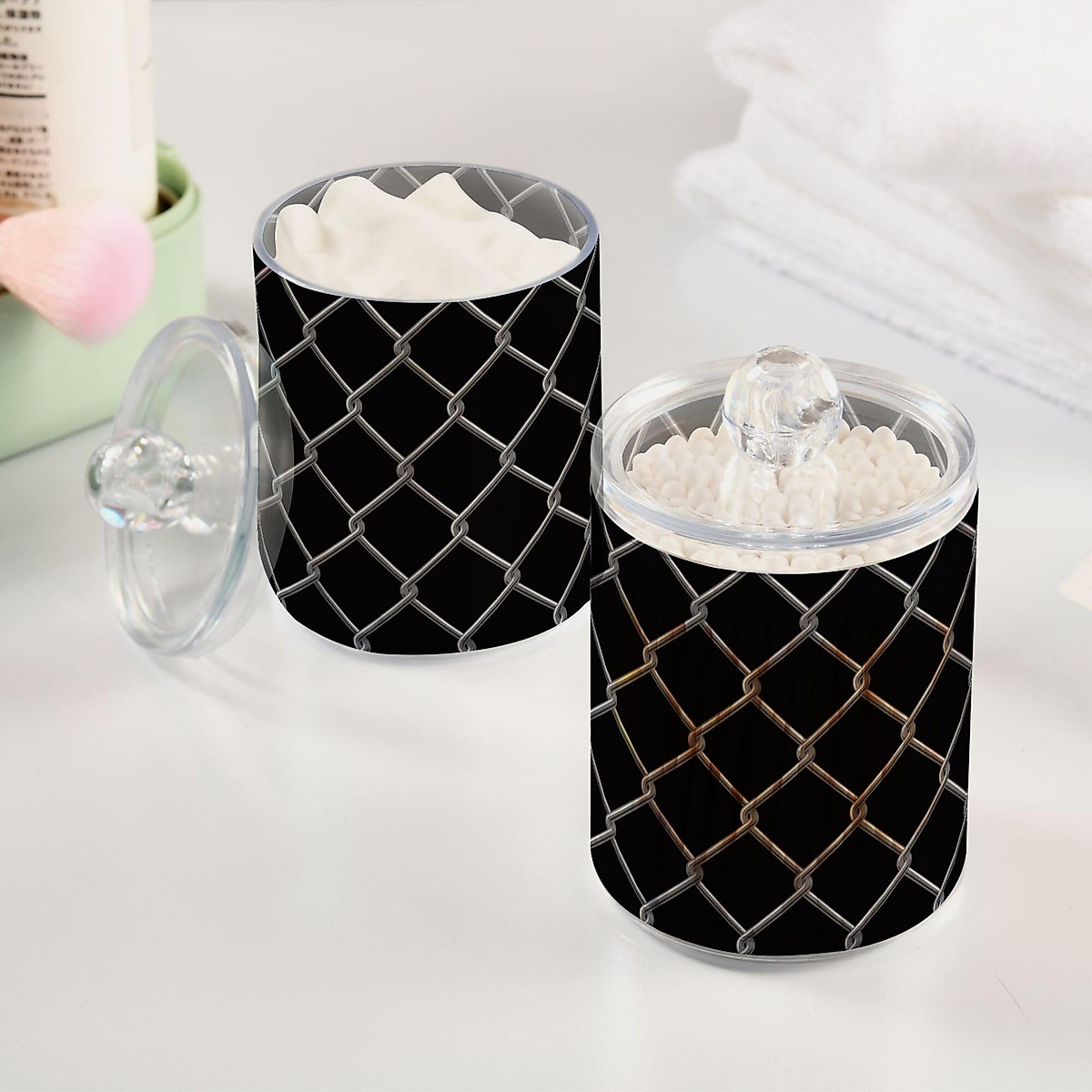 2 PACK Black Mesh Qtip Holder Dispenser for Cotton Ball, Cotton Swab, Cotton Round Pads, Floss Picks - Plastic Apothecary Jar Set for Bathroom Canister Storage Organization