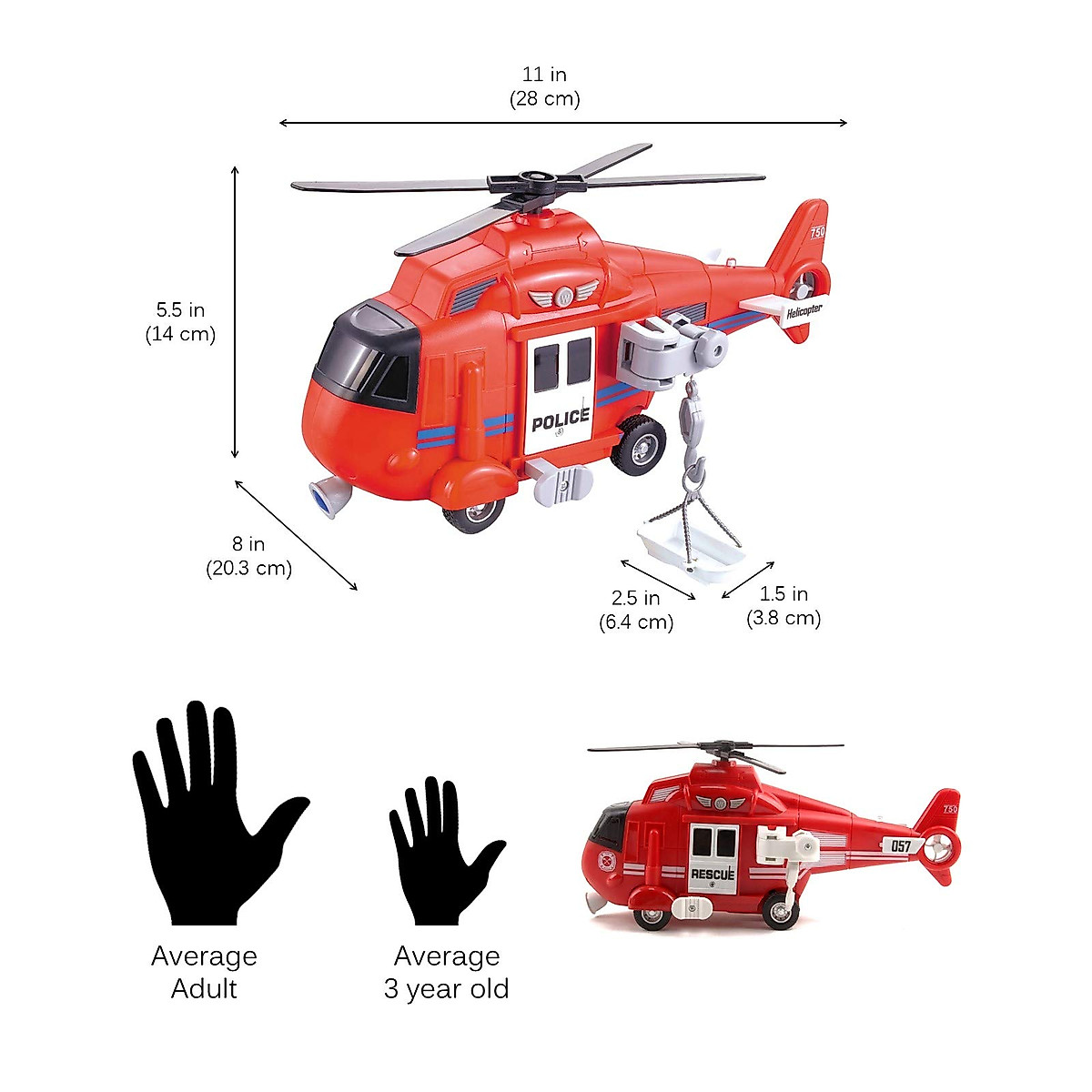 Vokodo Fire Rescue Helicopter 11" With Lights Sounds Push And Go Includes Cargo Basket Durable Kids Firefighter Friction Chopper Toy Pretend Play Airplane Truck Great Gift Children Boys Girls Toddlers