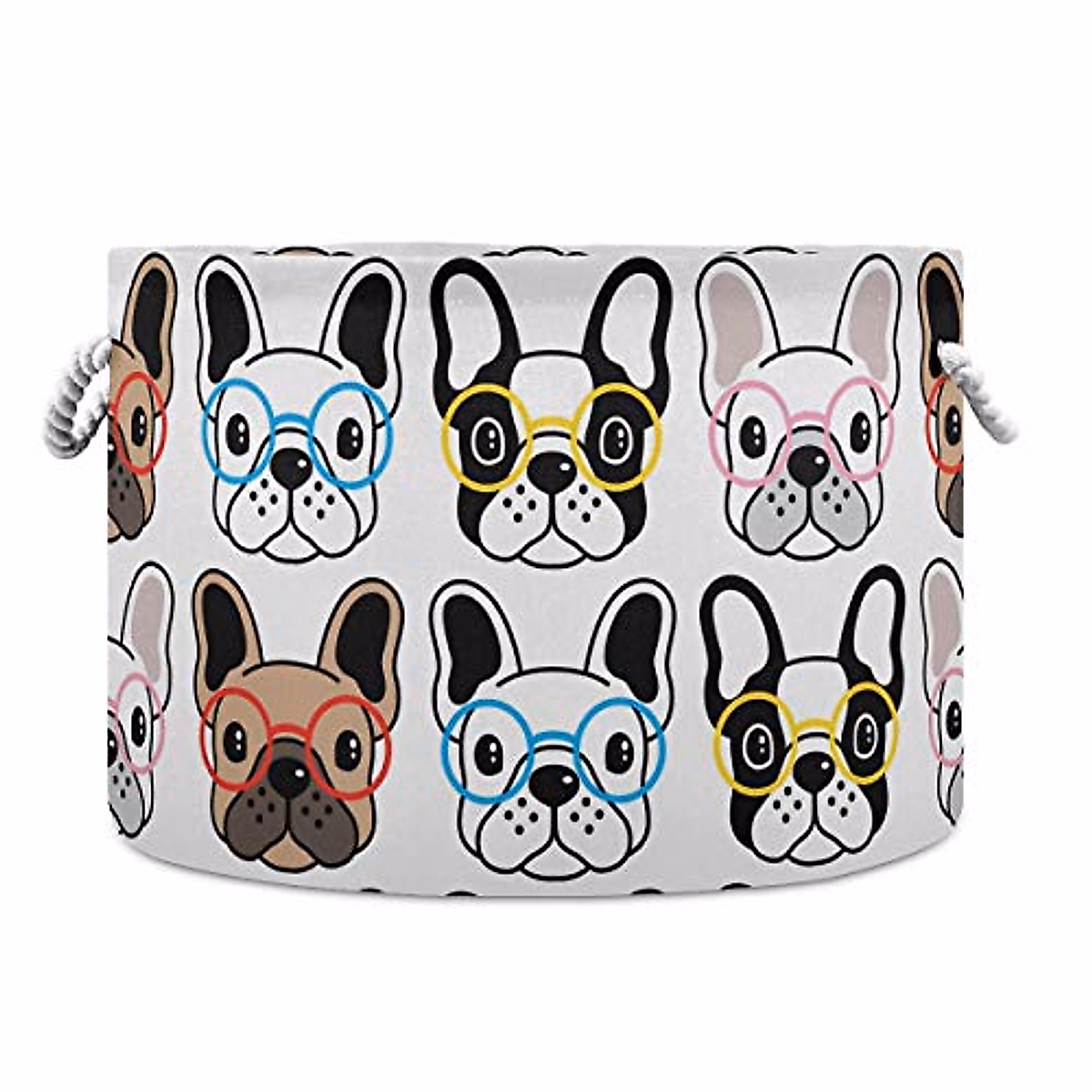ALAZA Round Storage Basket Bin Cute Glasses French Bulldog Collapsible Waterproof Laundry Hamper Baby Nursery Basket Organizer with Handles for Bedroom Closet Toys Gifts