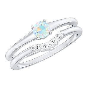 Certified Opal Diamond Wedding Ring Set, AAA Quality, Natural Rainbow Opal Engagement Ring with Enhancer, 14K White Gold, Size:US 12.00
