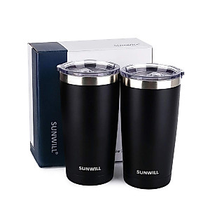 SUNWILL Travel Coffee Mug with Lid, 20 oz Tumbler Set of 2, Insulated Stainless Steel Cup for Water, Tea, Ice, Powder Coated Black 2 pack