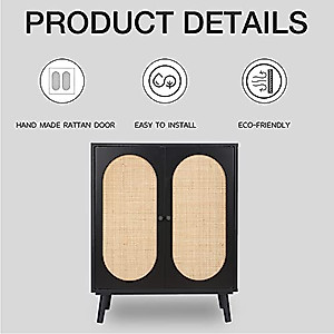 QHITTY Rattan Sideboard Buffet Cabinet, Accent Kitchen Storage Cabinet Console Table with Adjustable Shelves for Living Room, Dining Room, Bedroom (Black)