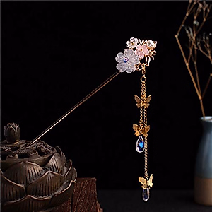 BEMEI Rhinestone Pearl Flower Hair Stick,Crystal Pearl Hair Sticks,Butterfly Tassel Flower,Hairpin Chignon Pin Chopsticks Hair Styling Accessories(F)