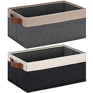GhvyenntteS Storage Baskets for Organizing, Fabric Storage Bins with Leather Handles, Foldable Rectangular Storage Baskets for Shelves, Closets, Home, Office, Empty Gift Baskets (Black/White & Grey/Be