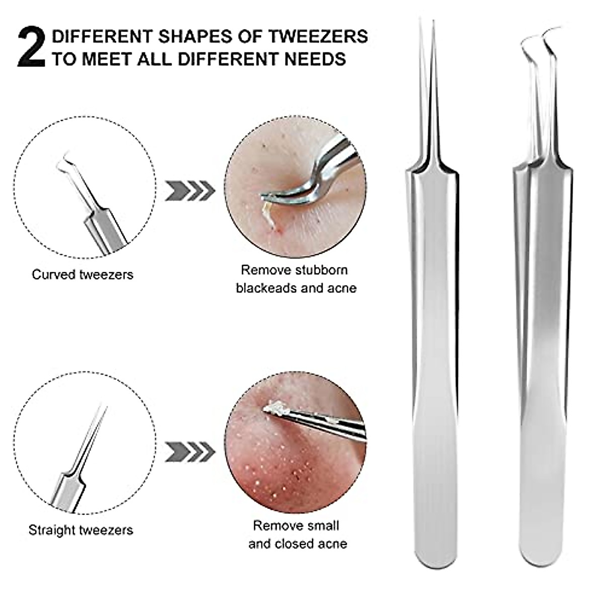 Fluco Blackhead Remover Pimple Popper Tool Kit, 8pcs Blackhead Comedone Extractor Tool for Nose Face, Blemish Whitehead Extraction Popping, Stainless Silver