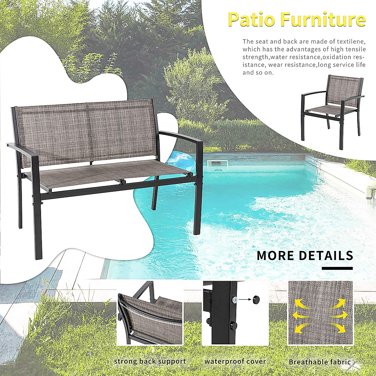 Shintenchi 4 Pieces Patio Furniture Set All Weather Textile Fabric Outdoor Conversation Set, with Glass Coffee Table, Loveseat, 2 Single Chairs for Home, Garden, Lawn, Porch (Brown）