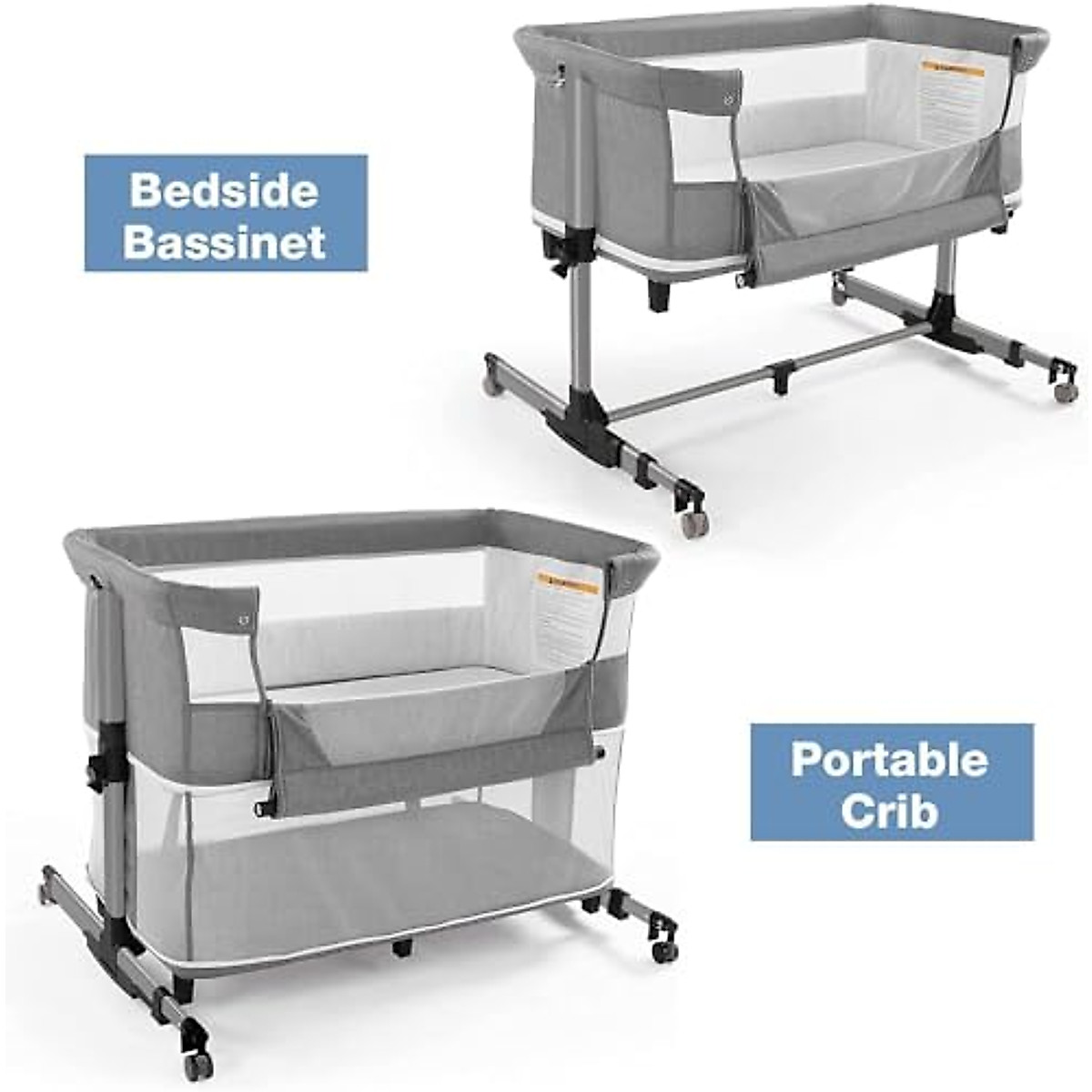 Baby Bedside Bassinet with Wheels and Storage, 3 in 1 Travel Baby Crib Bedside Crib with 5 Adjustable Height, Portable Baby Bed Co Sleeper