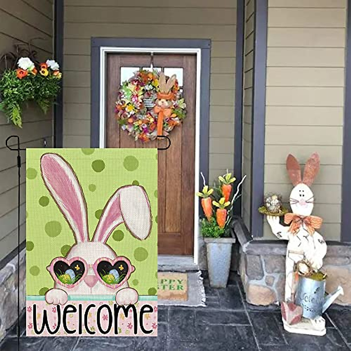 CROWNED BEAUTY Easter Bunny Garden Flag 12x18 Inch Double Sided for Outside Burlap Small Polka Dots Floral Welcome Yard Holiday Decoration