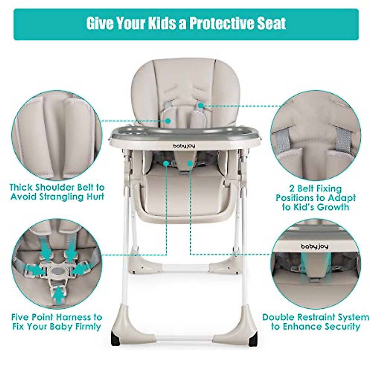 BABY JOY Convertible High Chair for Babies & Toddlers, Height Adjustable, Grow & Go High Chair w/Recline & Footrest, Removable Dishwasher Safe Meal Tray, Portable Baby Dinning Chair w/Wheels (Gray)