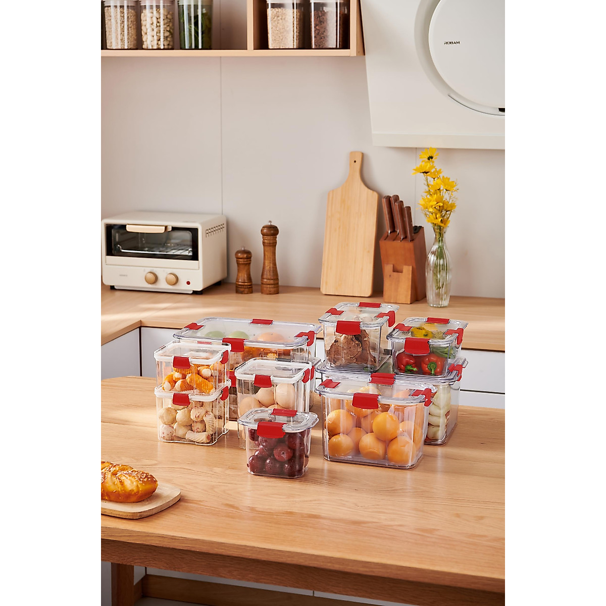 MSM Products Crystal Clear Transparent Food Storage Containers, BPA-Free, Glass Clear Plastic, 12 pieces set (6 lids and 6 containers). Total set capacity 10 LITERS. RED color 4 sides clip lock.