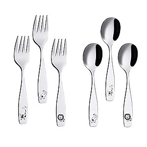 ANNOVA Kids Silverware 6 Pieces Children's Safe Flatware Set Stainless Steel - 3 x Children Forks, 3 x Dinner Spoon, Toddler Utensils, for Lunchbox (Safari Animals Etched Elephant, Giraffe, Lion)