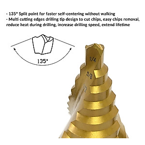 NordWolf HSS Titanium Step Drill Bit, Spiral Groove Double Flute Multiple Hole Unibit for Sheet Metal, 10 SAE Step Sizes 1/4" to 1-3/8"
