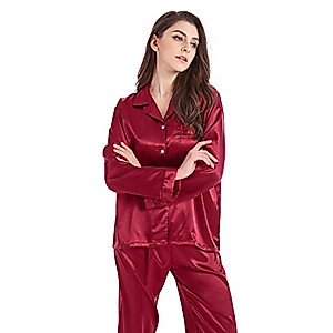 Tony & Candice Women's Classic Satin Pajama Set Sleepwear Loungewear (Large, Burgundy with Black Piping)