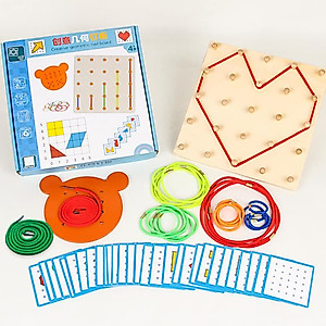 YHZAN Wooden Geoboard Graphing Peg Board Montessori Toddler Sensory Toy Colorful Rubber Bands Pattern Cards Preschool Learning Game