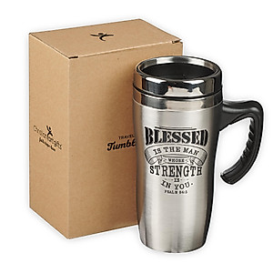 Christian Art Gifts Blessed Is The Man Psalm 84:5 Stainless Steel Travel Mug with Lid and Handle (16 Oz Double-Wall Vacuum Insulated Coffee Cup)