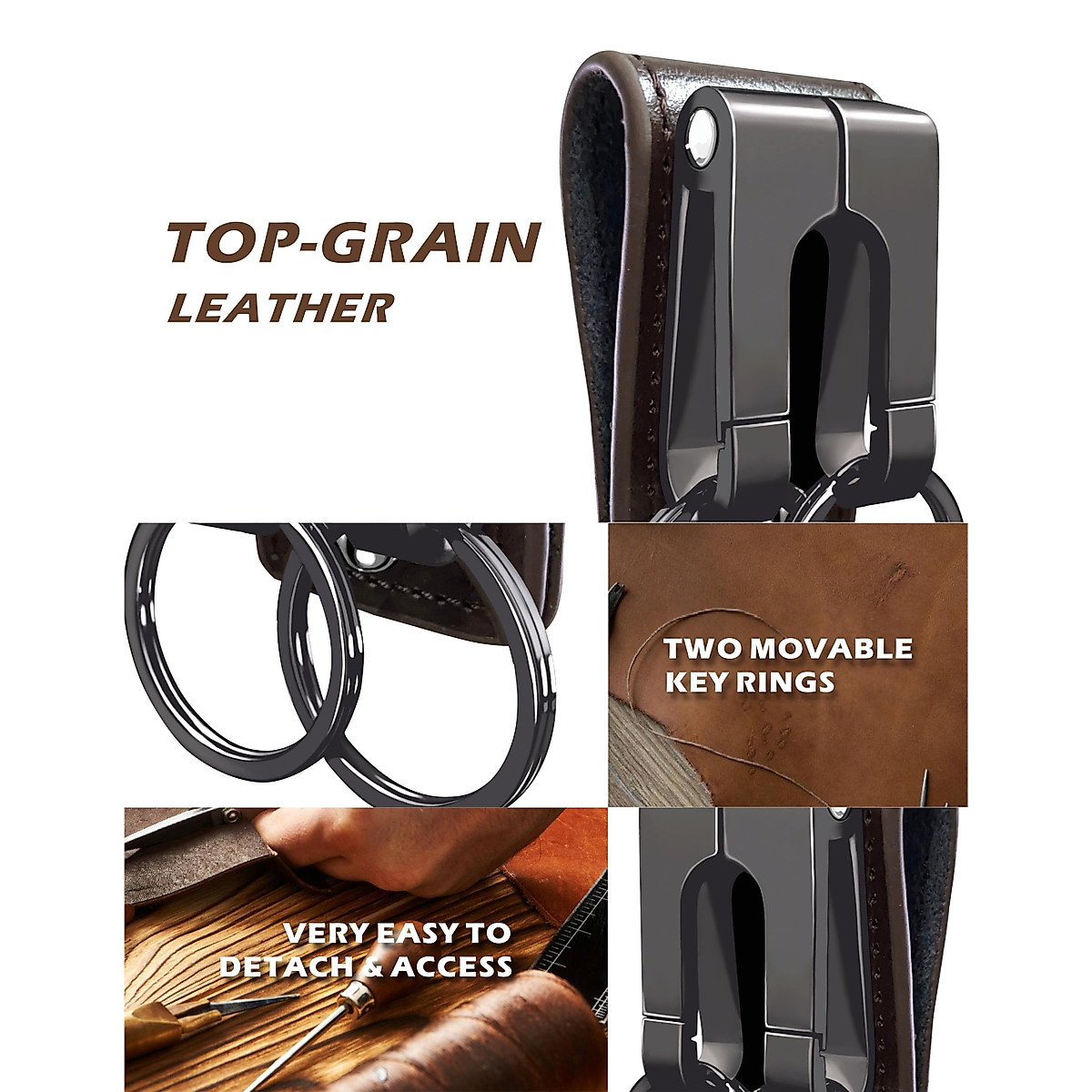 GABOX Belt Keychain Clip, Keyring Holder for Belt, Belt Loop Key Clips, Key Holder Key Rings Keeper Pocket Pants Key Hook, Cowhide Leather Black Metal