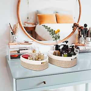 HLWDFLZ 7 Piece Cotton Rope Woven Basket Set - Woven Storage Basket Pets Toy Cotton Rope Basket for Organizing, Small Basket for Montessori, Dog Cat Toy Box, Baby Nursery (Off White/Brown)