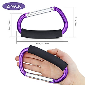 JIALEEY Strong Large Durable Buggy Carabiner Stroller Hooks Mummy Clip Pram Pushchair Grocery or Shopping and Plastic Bags Holder, 2 Pack Purple
