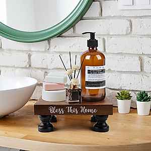 Homotte Wood Risers for Display, Wooden Square Pedestal Stand with Wooden Beads Garland, 8 Inch Small Cute Farmhouse Tray for Bathroom Decor Kitchen Sink Soap Plant Holder