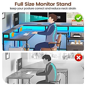 SEDETA L Shaped Office Desk, 66" Home Office Desk with File Drawer & Power Outlet, Gaming Desk with Led Lights, Corner Computer Desk with Monitor Shelf, Printer Storage Shelves, Two Person Desk, Grey