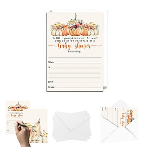Paper Clever Party Our Little Pumpkin Invitations with Envelopes - 25 Pack - Pumpkin Baby Shower - 5x7 Blank Cards for Personalization