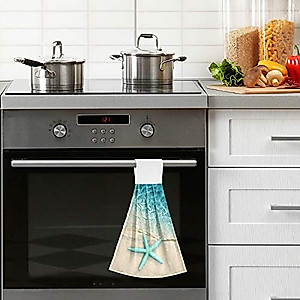 KOCOART Ocean Beach Starfish Kitchen Hand Towels Sea Water Hanging Tie Towel Dishcloths with Loop 2PCS, Soft Super Absorbent Fingertip Towel for Bathroom Laundry Room 12x17 in