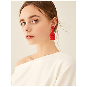 Layered Tassel Earring Bohemian Lightweight Colorful Tiered Thread long Fringe Tassel Drop Dangle Beaded Statement Stud Earring Women Gifts (Red)