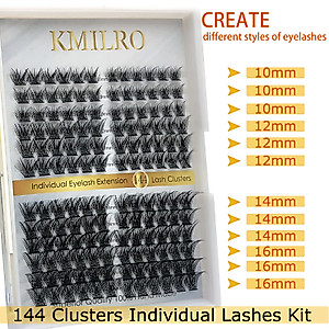 Lash Clusters 144 Pcs Cluster Lashes DIY Eyelash Extensions C D Curl 10-16mm Mega Volume Fluffy Individual Lashes Wispy Eyelashes DIY at Home, by Kmilro (Volume, 0.07C-10-16mm Mix)