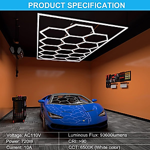 Hexagon Garage Light: Higher Brightness 720W 93600 Lumens Hexagon Led Garage Light with Rectangle Frame 6500K, 15 Hex Grid for Garage, Shop, Basement, Car Detailing Shop etc. with Mounting Clip