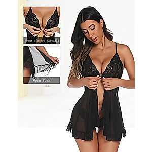 Queenfox Lingerie for Women Front Closure Babydoll Lace Chemise V Neck Ruffle Nightgown Sleepwear Black